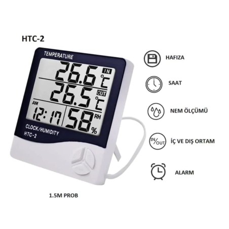 HTC-2 Dijital Termometre Sıcaklık ve Nem Ölçer İç Dış Saat Alarm htc2